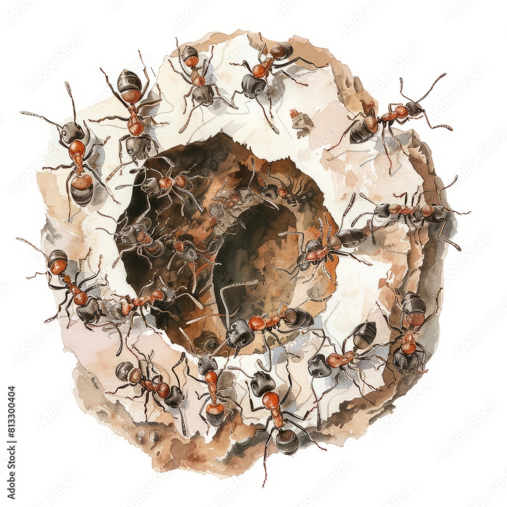Watercolor painting of a colony of desert ants busily constructing ...