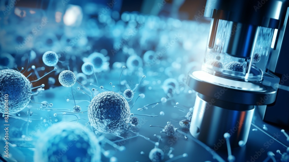 Combination of a laboratory scene with microscopic cells, representing ...