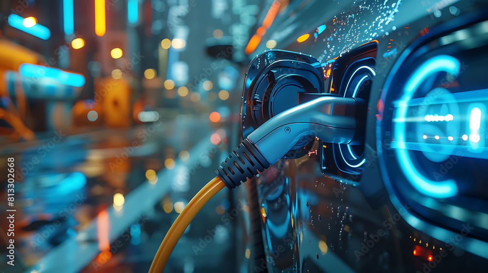 Power cable pump plug in charging power to electric vehicle EV car with ...