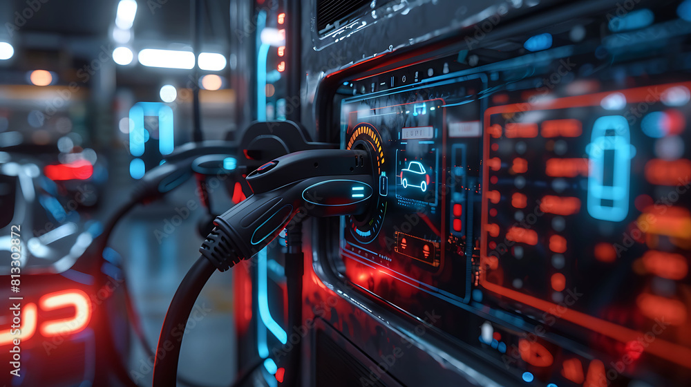 Power cable pump plug in charging power to electric vehicle EV car with ...