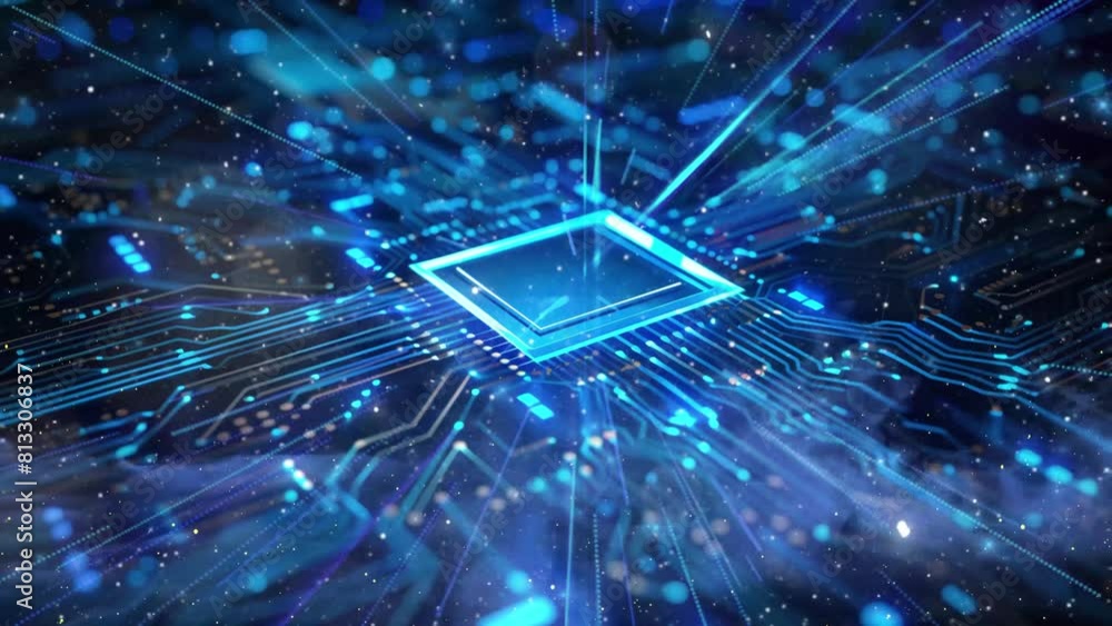 futuristic microchip cpu circuit board blue light. seamless looping ...