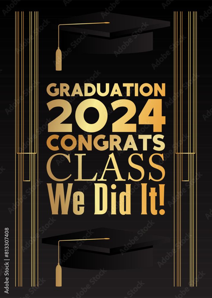 Black and gold class of 2024 Graduation design template. Vintage party ...