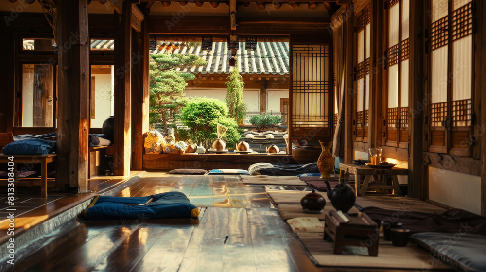 traditional Korean tea ceremony in a Hanok, with warm lighting ...