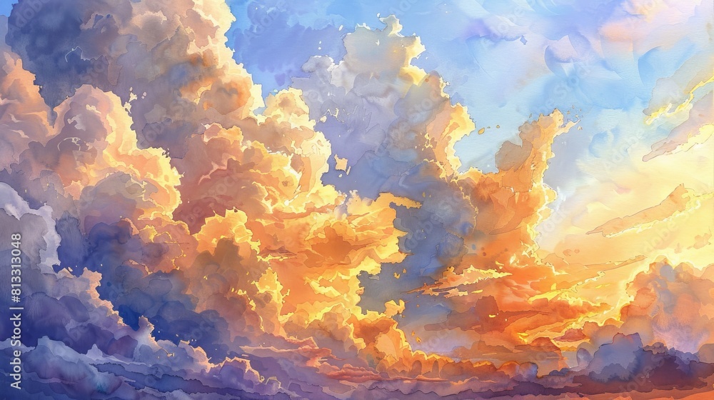 Watercolor of miraculous large clouds glowing in vivid oranges and ...