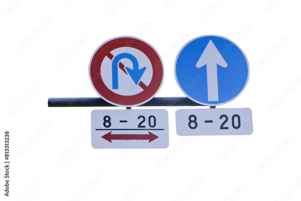 No U-Turn traffic circle sign white red and drive straight blue white ...