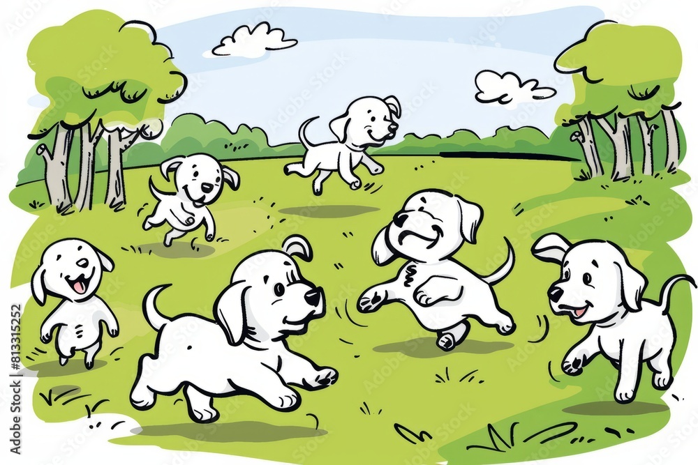 Cartoon cute doodles of a group of puppies chasing each other in the park, with wagging tails ...
