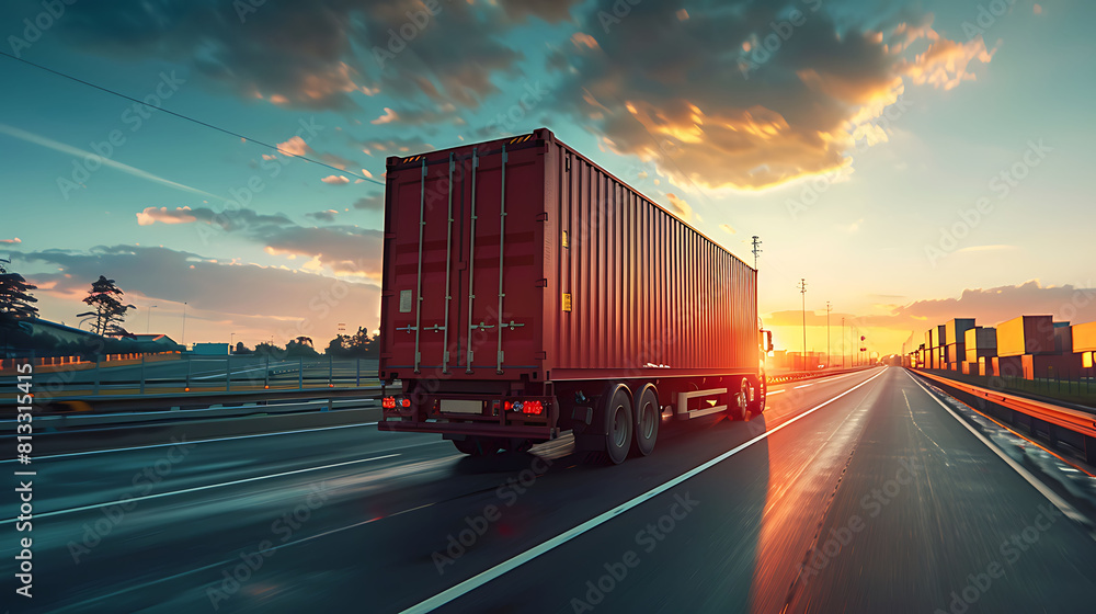 Truck transport with red container on highway road at sunset, motion ...