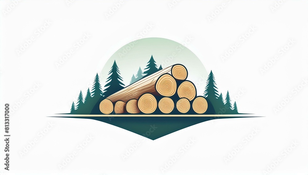 Graphic design of a pile of logs with a backdrop of pine trees in a ...