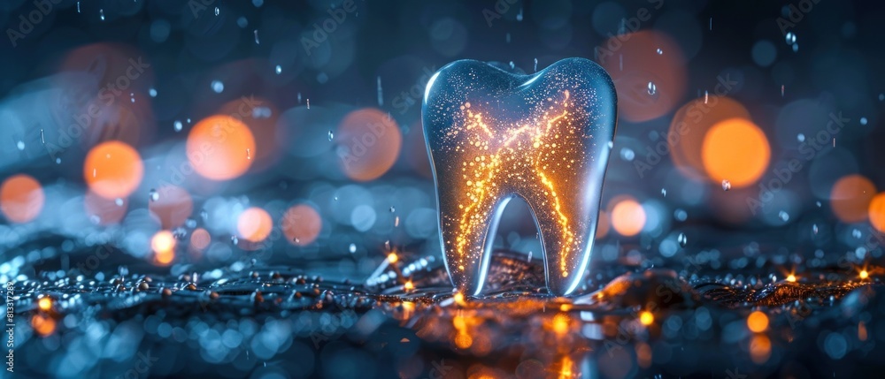 A tooth-shaped logo, illuminated against a dark background ...