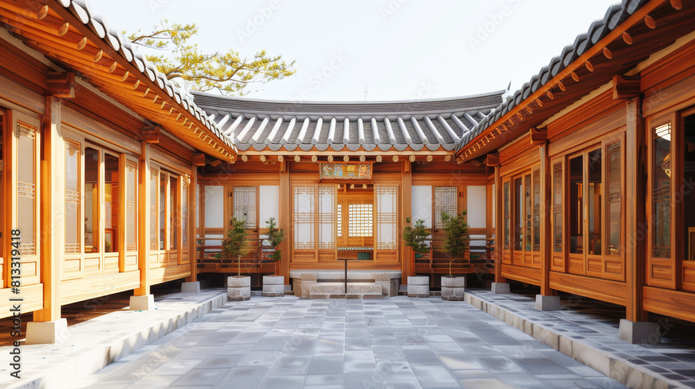 Warm and inviting traditional Korean courtyard, surrounded by detailed ...