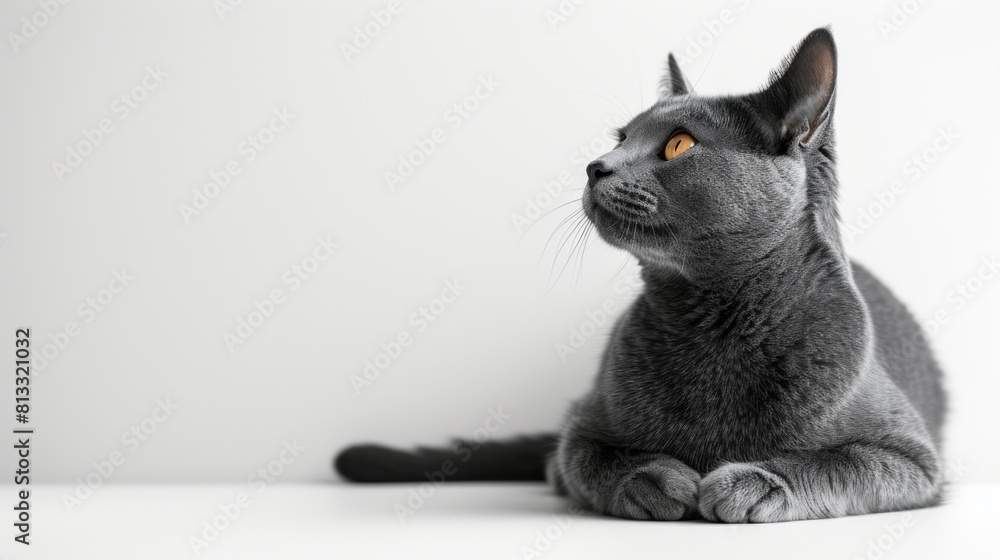 Regal Russian Blue cat sitting tall with a calm and alert expression ...