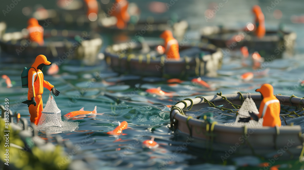 Cartoon Fish farm in ocean water near coast. Fish industry seafood ...
