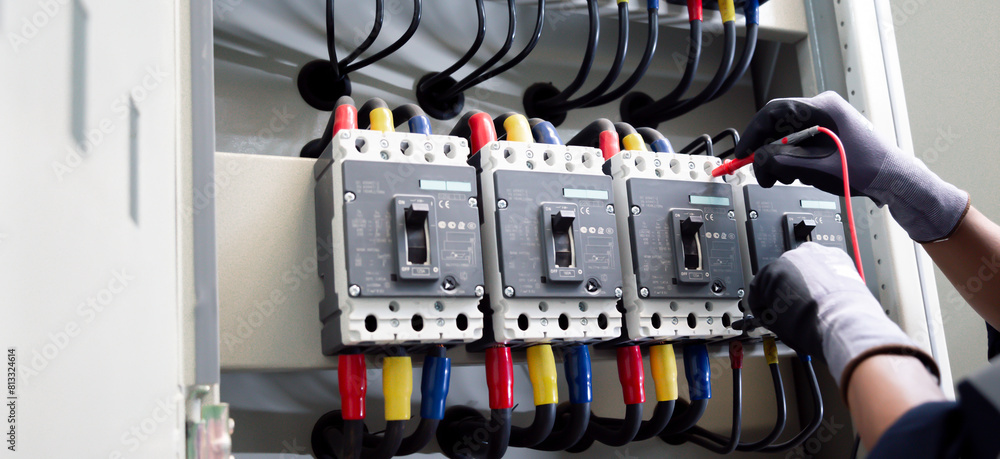 Professional electrician tests electrical installations. Measured with ...