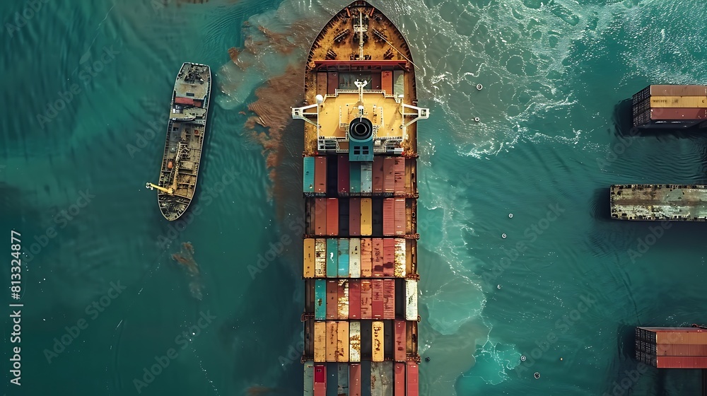 Aerial top view of Container ship loading and unloading, Cargo ...