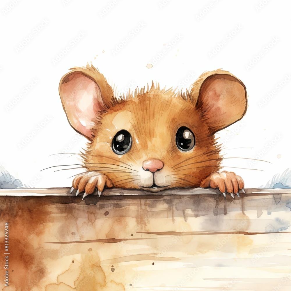 A cute watercolor painting of a mouse peeking over a wooden fence. The ...