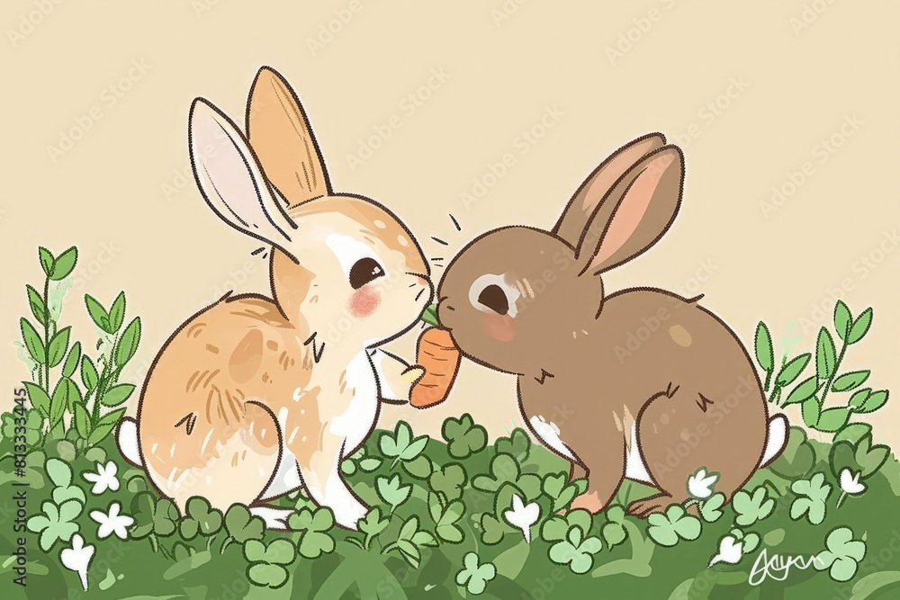 Cartoon cute doodles of two bunnies hopping through a field of clover ...