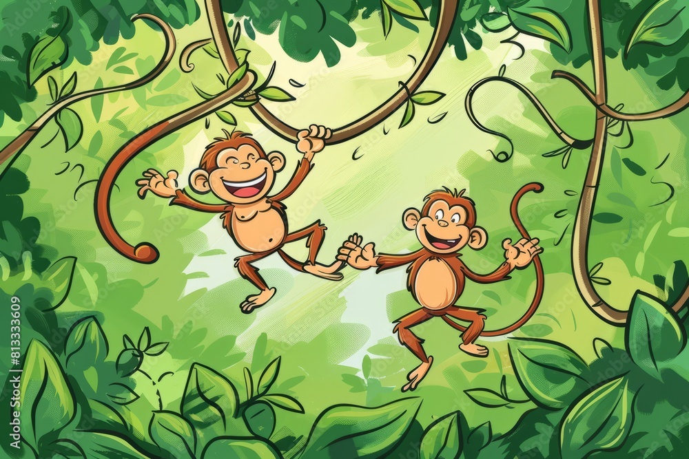 Cartoon cute doodles of two monkeys swinging from vine to vine in the ...