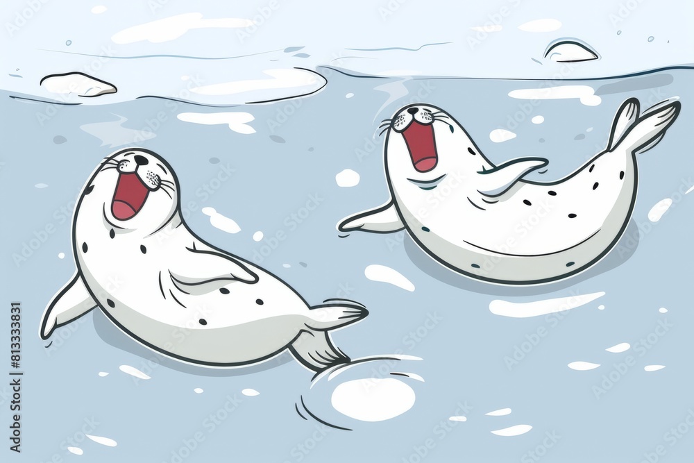 Cartoon cute doodles of two seals sliding on their bellies across the ...