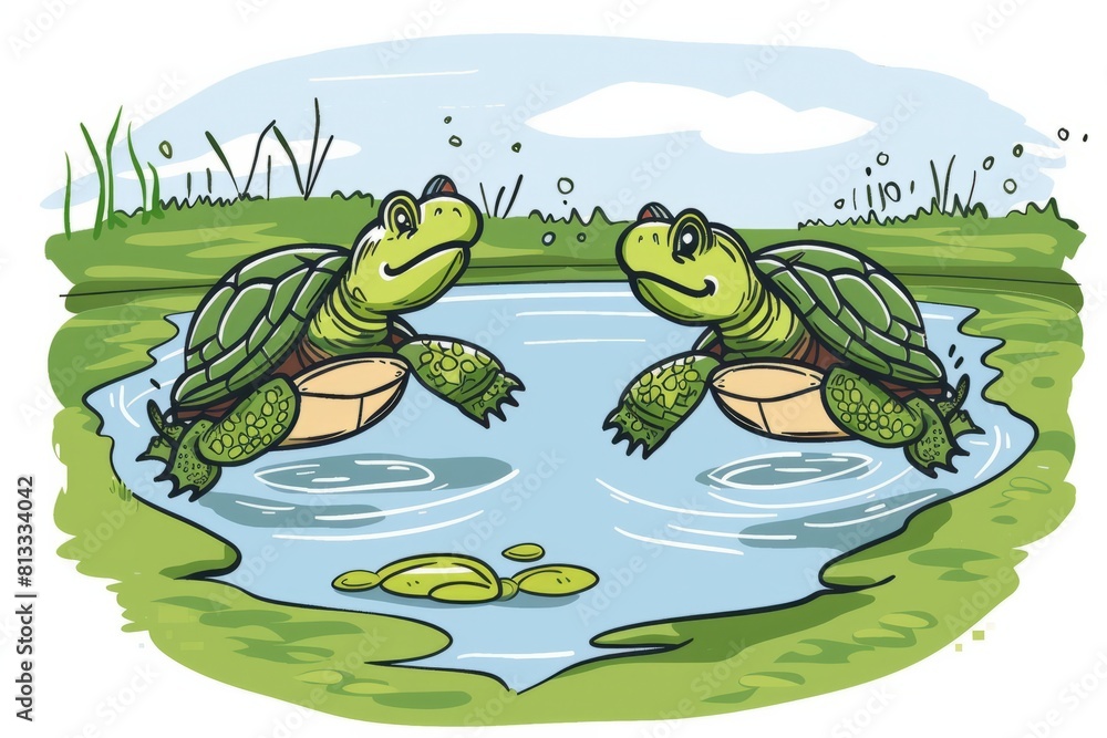 Cartoon cute doodles of two turtles racing each other in a pond ...