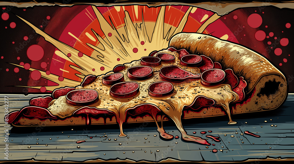 It is a pizza ad designed like a comic book cover. It's a pop art pizza ...