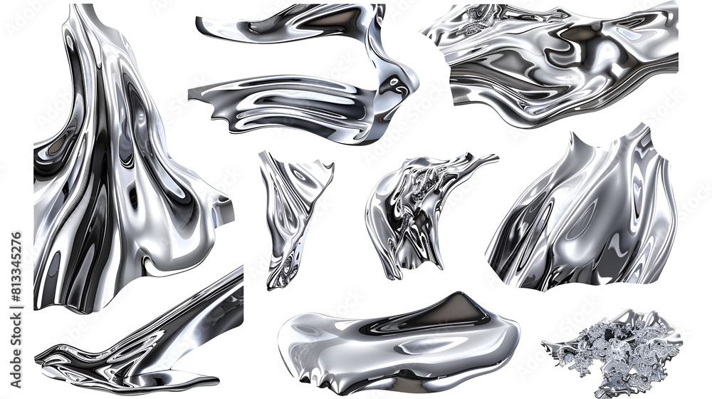 Melted chrome liquid metal shapes set isolated, Metal silver droplets ...