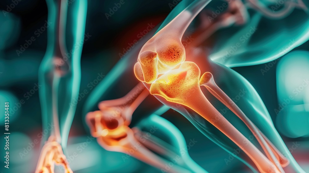 X-ray of a skeleton with a close-up view of a knee injury, sore joints ...