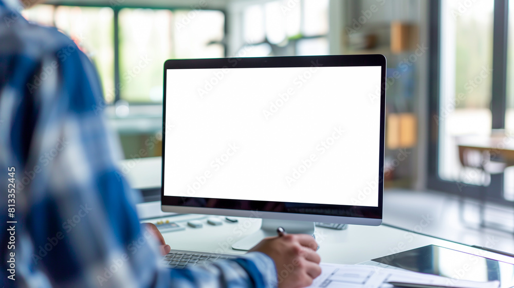 Professional working on a computer with a blank white screen in a ...