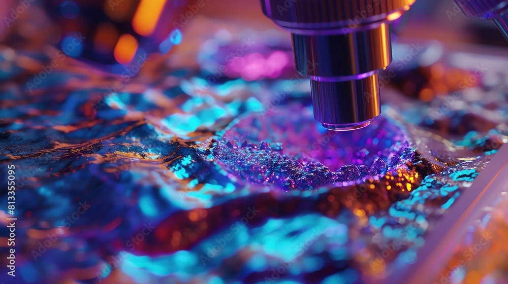 Pathology study side view of a pathology slide being analyzed under a ...