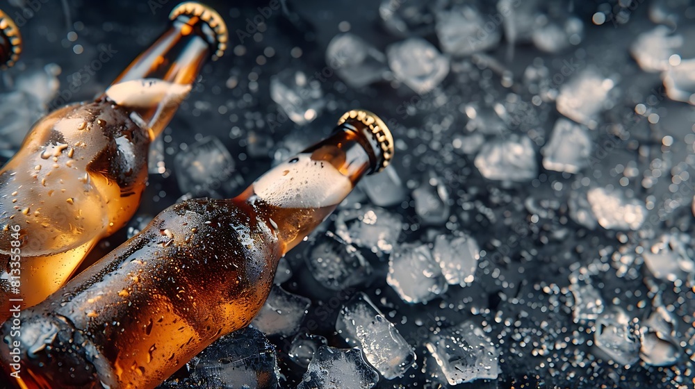 chilled beer bottles lying on a bed of crushed ice, with condensation ...