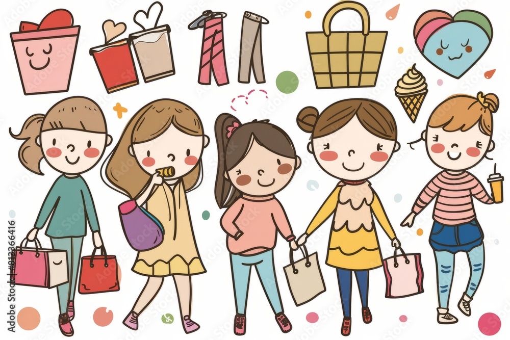 Cartoon cute doodles of friends going on a shopping spree at the mall ...