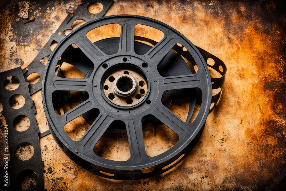 old film cinematic backdrop , loader film reel 35 mm with burned leaks ...