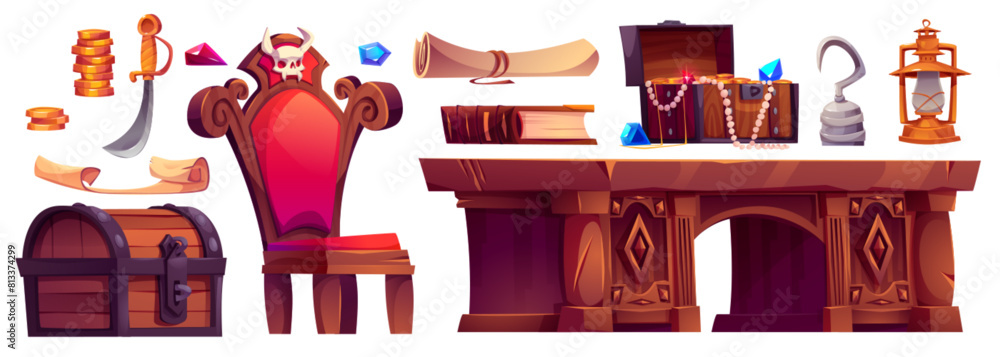 Pirate ship cabin interior furniture and elements. Cartoon vector ...