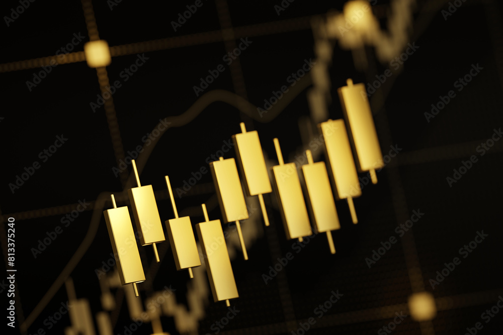 3D rendering golden chart and gold coin on black background ...