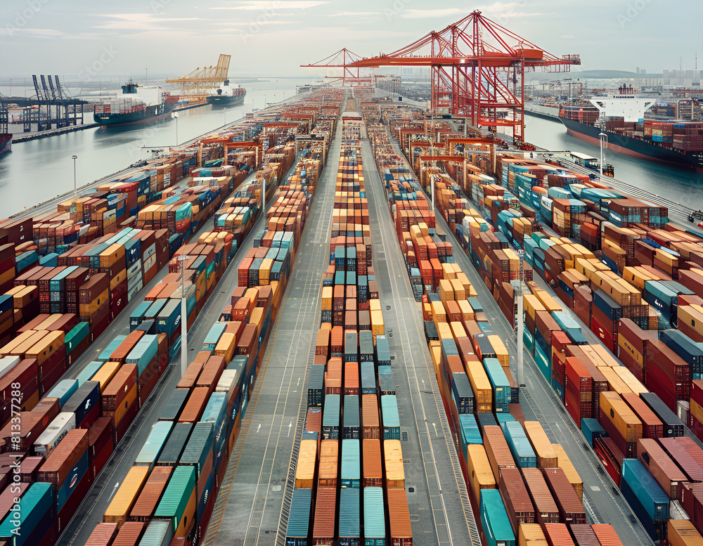 Rows of cargo containers rest atop massive container ships docked at an ...