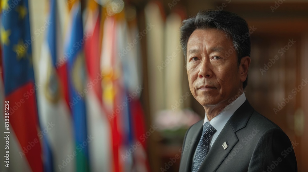 The picture of the asian man is working as the diplomat inside the room ...