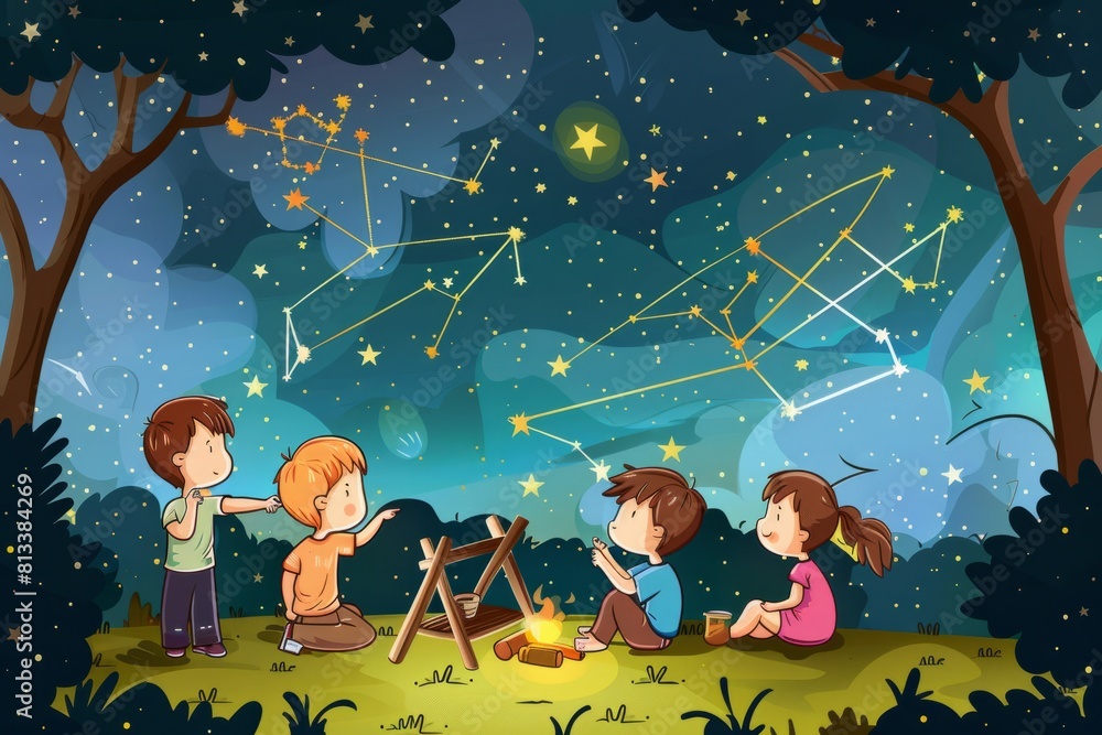 Cartoon cute doodles of friends stargazing in a backyard or camping ...