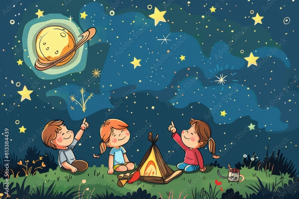 Cartoon cute doodles of friends stargazing in a backyard or camping ...