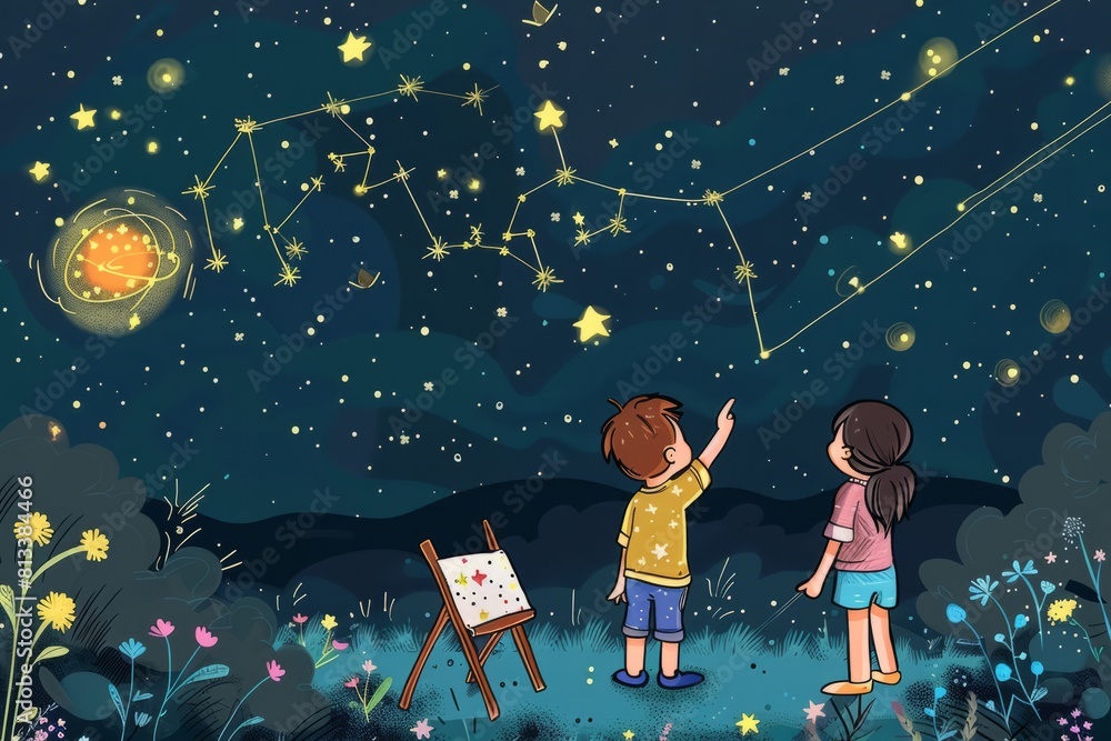Cartoon cute doodles of friends stargazing in a backyard or camping ...