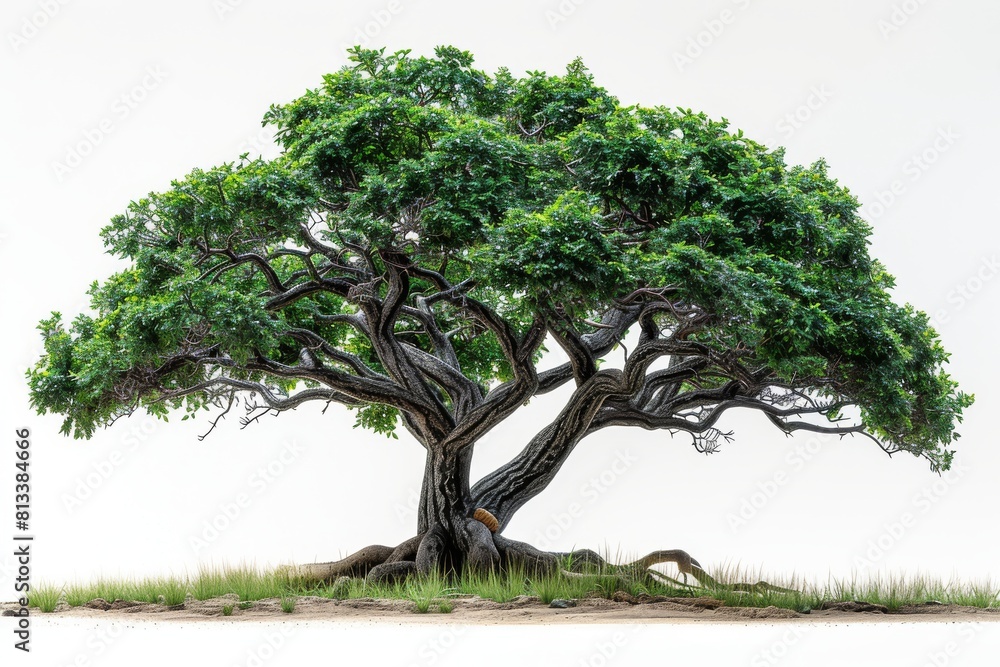 White background with an isolated Samanea saman tree, a Rain Tree, a ...
