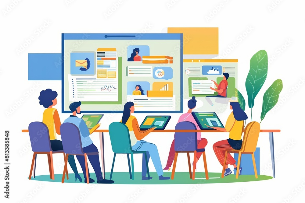 Hybrid education flat design side view blended learning theme cartoon ...