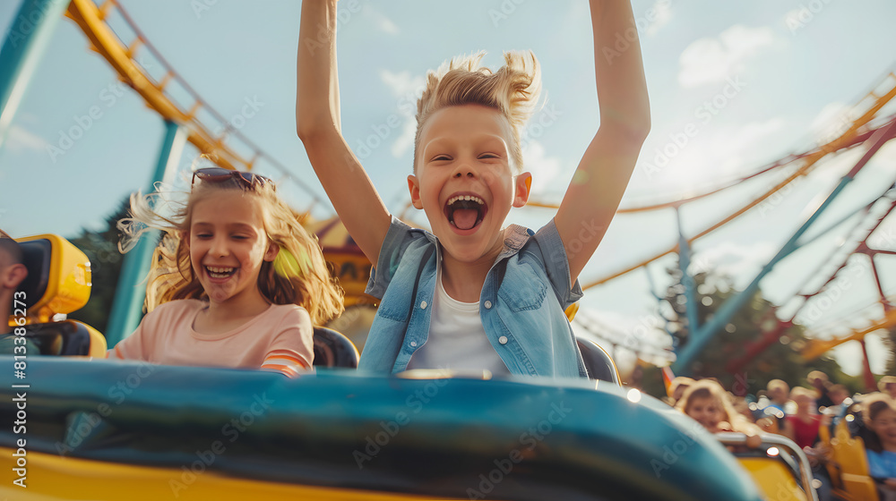 Two children enjoying a thrilling roller coaster ride with arms raised and smiles on their faces ...
