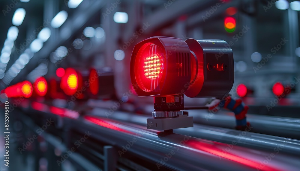 Red warning lights flashing on a factory alarm system during a safety ...