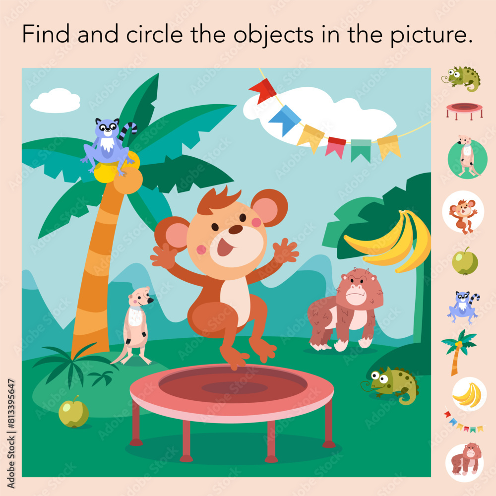 Puzzle game for kids. Find object. Cartoon illustration. Cute monkey in ...
