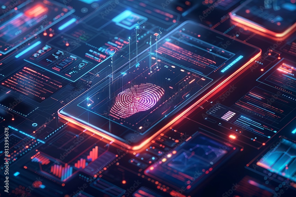 Smart devices equipped with biometric security systems, top view ...