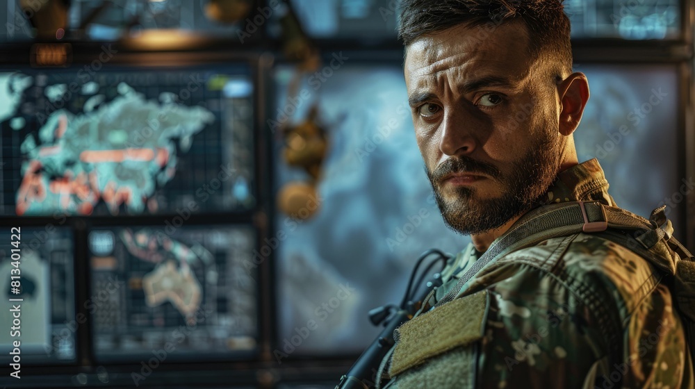 The picture of the military officer working on with map to collect the ...