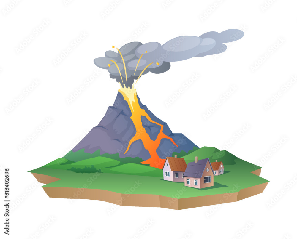 Volcano eruption with flowing lava and dust cloud 2D cartoon objects ...