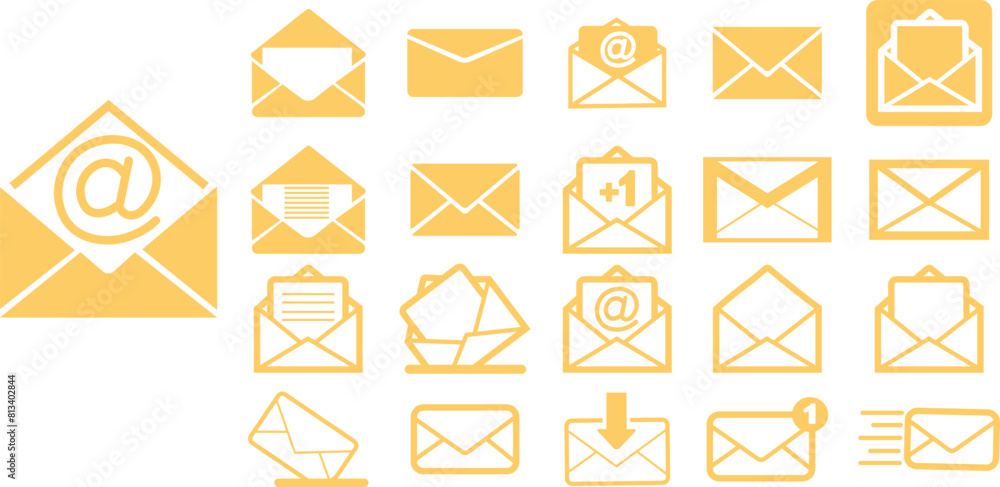 Mails icons Set. Vectors Yellow flat designs, adapted e-mail icons for ...