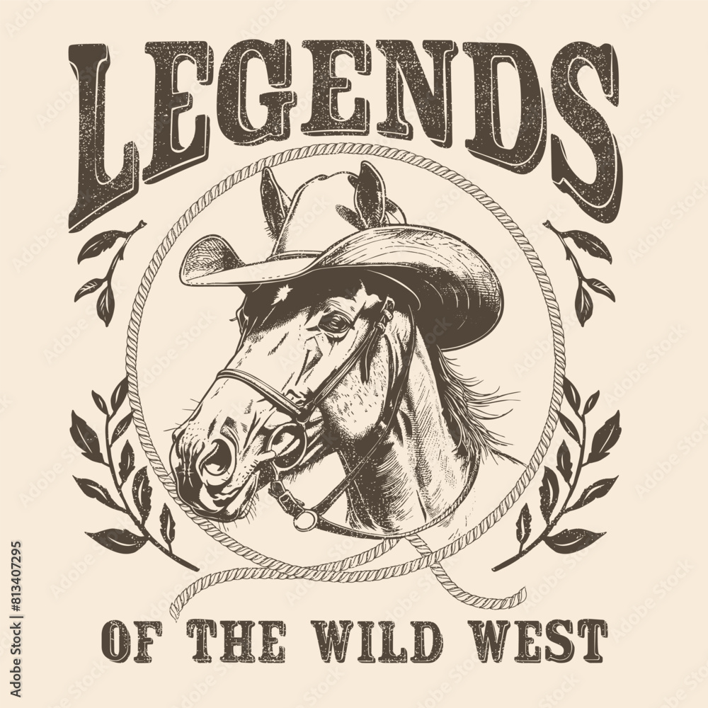 Legends of the wild west.Wild west poster design depicting a horse in a ...