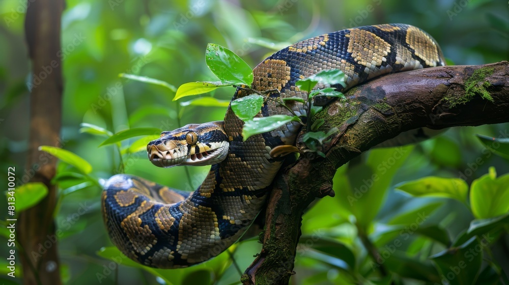 A large Indian Python snake is coiled on a tree branch in the dense ...