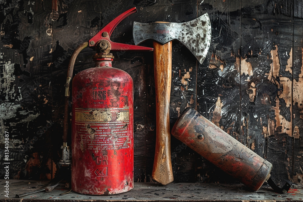 An image of an old rusty fire extinguisher and a rusty axe - Generative ...